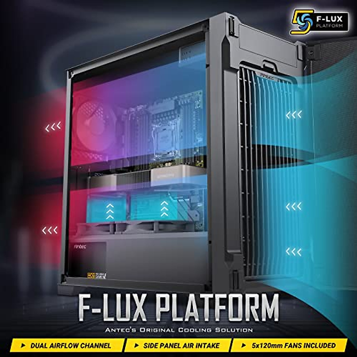 Antec P10 FLUX, F-LUX Platform, 5 x 120mm Fans Included, Reversible & Swing-Open Front Panel, Air-Concentrating Filter, 5.25" ODD, Fan-Speed Control, Sound-Dampening Side Panels, Mid-Tower Silent Case