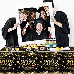 HAKOTI Graduation Party Decoration Black Gold Graduation Tablecloth Disposable Rectangular Table Cover for 2023 Graduation Decoration,Dinner Decoration,2023 Graduation Party Supplies (Black and Gold)