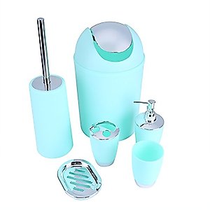 AYNEFY 6-Piece Bathroom Set, Modern Style Toilet Bathroom Accessories Toilet Kit with Soap Dispenser Toothbrush Holder Soap Dish Cup Toilet Brush Holder Set Rubbish Bin Purple (Blue Cyan)