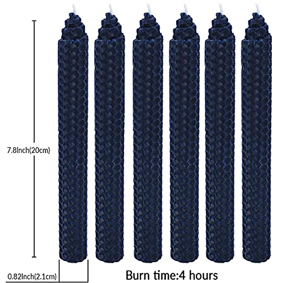 DEYBBY 8" Hand-Rolled Beeswax Taper Candles 6 Pack,Pure Natural Honeycomb Bee Wax Candle Cone Top,4Hour Burn Time(Navy Blue)