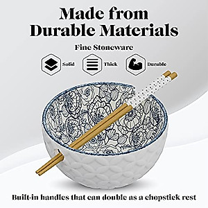 American Atelier Ramen Bowl with Chopsticks | Set of 2 | Soup Bowls for Kitchen | Udon Noodle Bowls with Chopsticks | Stoneware Soup Bowl | 6" Diameter (21 Oz) - Blue Floral Print