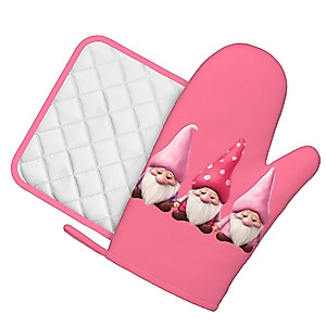 Oven Mitts Pot Holders Sets Pink Cute Gonme Silicone Oven Gloves Kitchen Accessories for Baking Cooking Dining