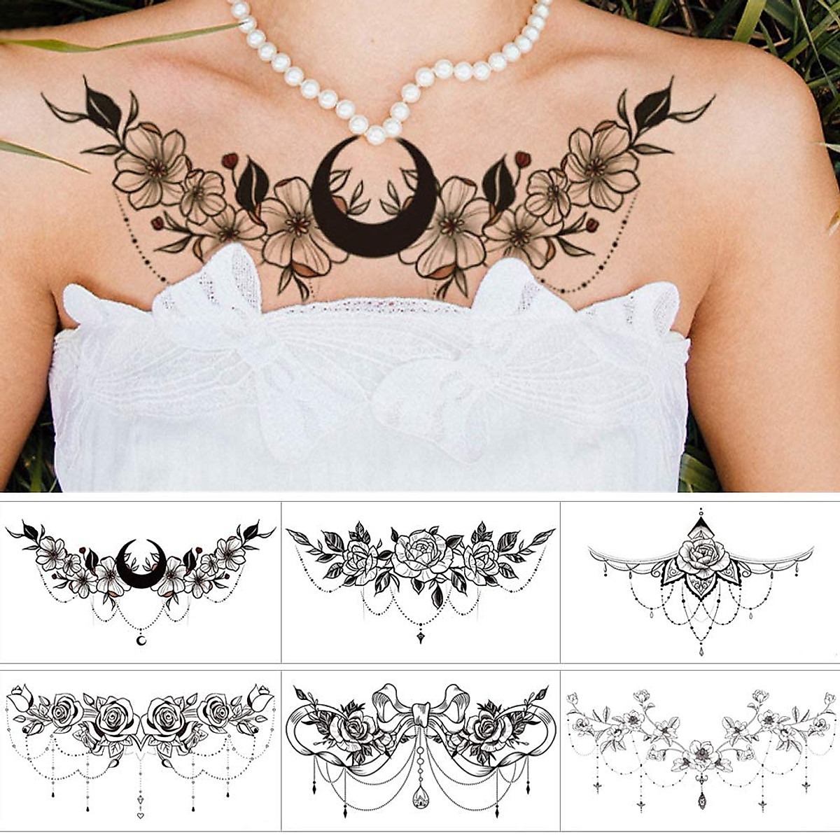 Glaryyears Chest Underboob Temporary Tattoos for Women Adult, 6 Pack Black Fake Realistic Large Long Lasting Creative Removable Tattoo Stickers, Sexy Rose Flower Tramp Stamp Sketch on Body
