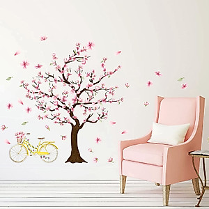 Cherry Tree Wall Sticker Cherry Blossom Tree Wall Stickers Large Tree Wall Stickers Peel and Stick Floral Tree Wall Decals Pink Flower Wall Stickers for Girls Room Bedroom Nursery