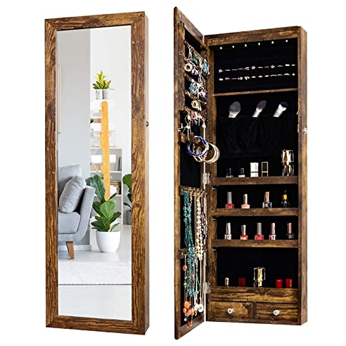 Ntufrest Mirror Jewelry Organizer, Upgraded 6 LED Lights Wall/Door Mounted Jewelry Armoire Cabinet, Full Length Mirror with Storage, Lockable Makeup Organizer and Storage