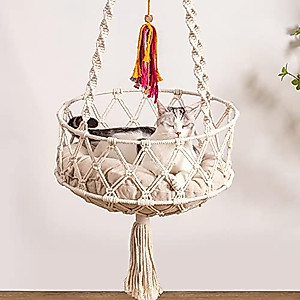 MEWOOFUN Hanging Macrame Cat Hammock Bed, Cat Swing Bed Space Saving Window Perch with Washed Cotton Mat & Funny Cat Toy for Indoor Cats