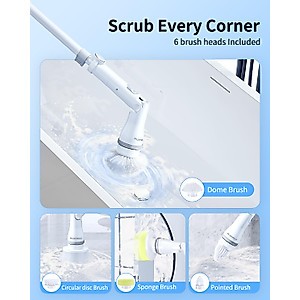 Electric Spin Scrubber, 1000RPM Cordless Extension Shower Cleaning Brush, 4 Replaceable Heads, DS-268B Electric Power Scrubber 49-inch Handheld Cleaner for Bathroom, Toilet, Tile Floors and Tub