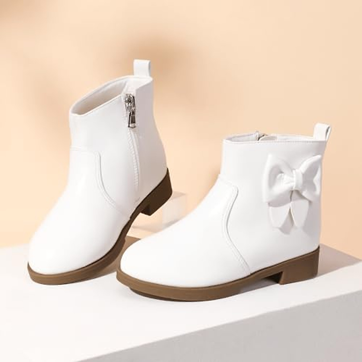 PANDANINJIA Toddler/Little Kid Girl's Sofia Sweet Short Ankle Boots Bowknot Side Zipper Dress Booties (White Pu, 2 Little Kid)