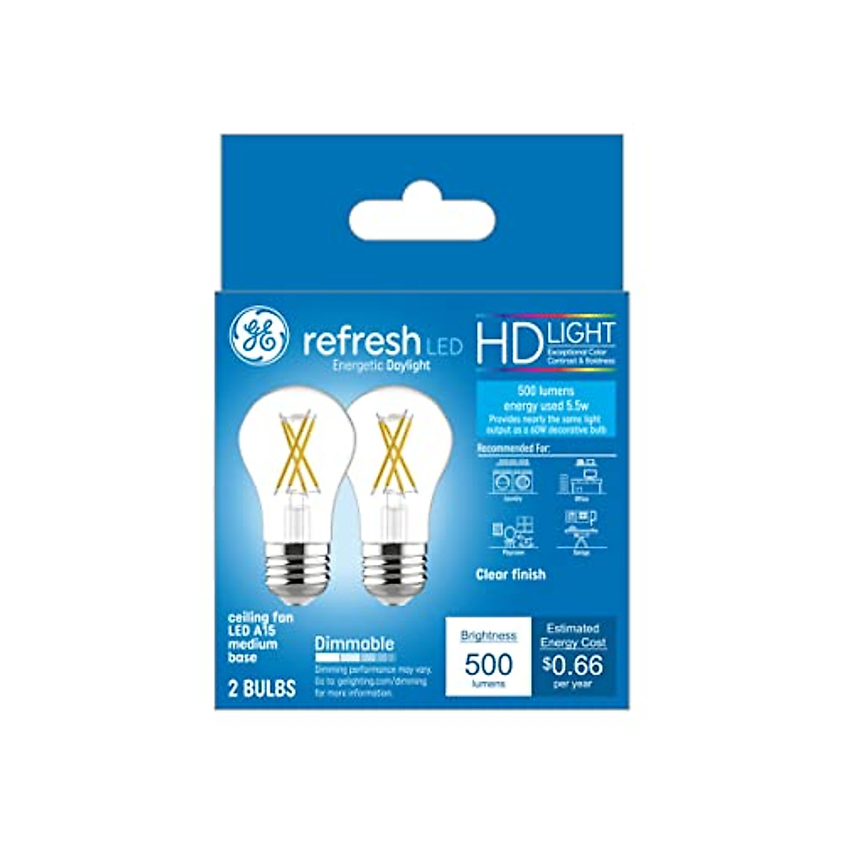 GE Refresh LED Light Bulbs, 60 Watt, Daylight, A15 Celling Fan Bulbs, Clear Finish (2 Pack)