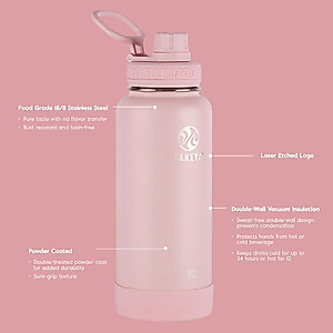 Takeya Actives Insulated Stainless Steel Water Bottle with Spout Lid, 18 Ounce, Blush and Takeya 885395500089 Originals Insulated Stainless Steel Bottle, Spout Lid Navy 18oz