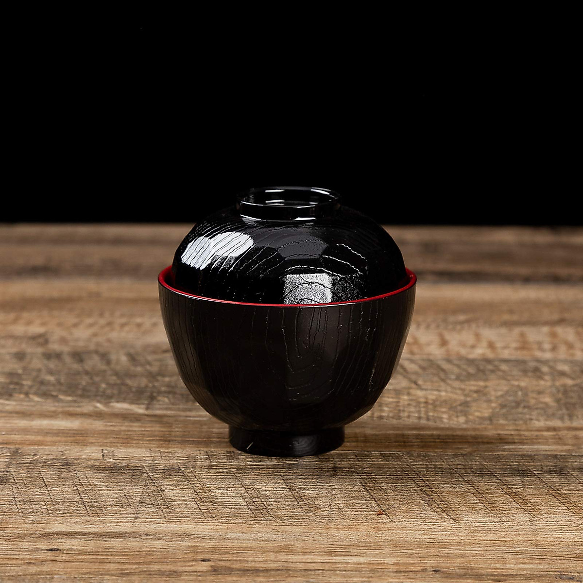 ASIAN HOME Japanese Rice and Soup Bowls With Lid, Black and Red, for rice, miso soup, 4.33" x 3.94", 8.4 oz. (4 Bowls)