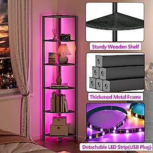 Furnulem 6 Tier Corner Shelf with LED Light, 67.5” Tall Standing Shelf Organizer, Black Narrow Bookshelf with Storage Rack for Wall Corner, Living Room, Bedroom, Metal Frame, Wood Display Shelf