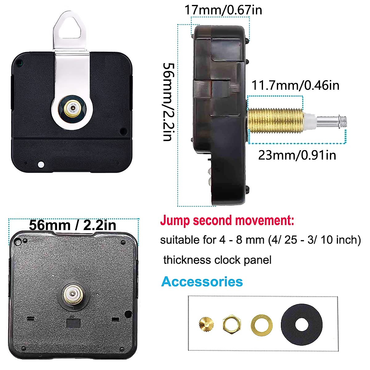 HILLHOME High Torque Long Shaft Hands Quartz DIY Wall Clock Movement Mechanism with 12 Inch Long Spade Hand Battery Operated Repair Parts Replacement, 3/10 in Max Dial Thickness, 9/10 in Total Length