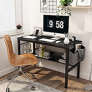 AWQM Modern Home Office Desk, Computer Desk with Side Bag, Storage Shelves and Iron Hook, Work Table, Study Writing Table, Gaming Desk, Workstation for Small Spaces, Black
