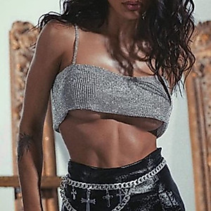 Evild Rhinestone Crop Top Silver Sparkly Party Body Chain Glitter Crystal Bra Jewelry Adjustable Backless Chest Jewelry Club Rave Body Jewelry for Women