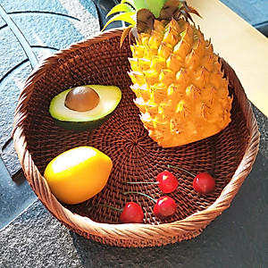 AMOLOLO Handmade Rattan Round Fruit Basket Food Storage Bowls Kitchen Organizer Snack Serving Bowl 10 Inch Wavy Edge Circle Tray Basket with 3” Deep Wall, Dark Brown Décor Display Tray Bowl, M