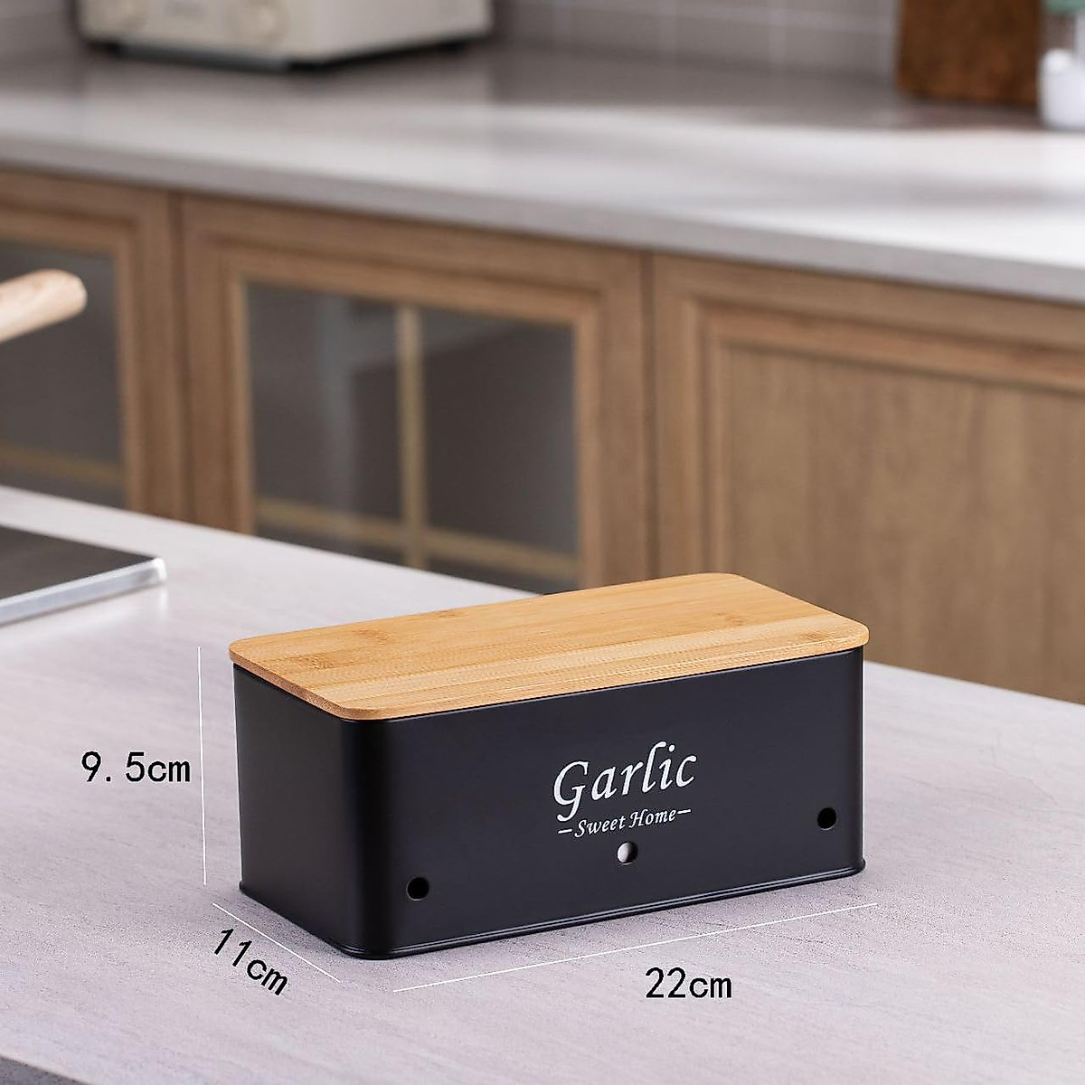 Simcat Kitchen Vegetable Storage Tins Set of 3, Potato Onion Garlic Kitchen Storage Canisters, Vegetable bin Keeper Containers with Aerating Holes and Wooden Lid (Black)