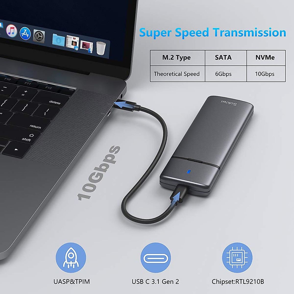 M.2 NVMe SATA SSD Enclosure Adapter Tool-Free, USB 3.2 Gen2 10Gbps External NVMe to USB PCI-E 6Gbps SATA M-Key / B+M Key, NVMe Reader Support UASP Trim for SSDs 2230/2242/2260/2280