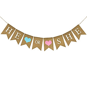 GCQQ He or She Banner, No DIY He or She Burlap Banner, Gender Reveal Burlap Banner, Baby Shower Banner Sign for Girls or Boy Baby Shower, Gender Reveal, Welcome Baby Backdrop Decoration