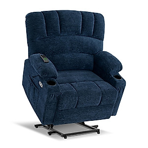 MCombo Power Lift Recliner Chair Sofa with Massage and Heat for Big Elderly People, USB Ports, Side Pockets, Fabric R7096 (Medium-Wide, Navy Blue)