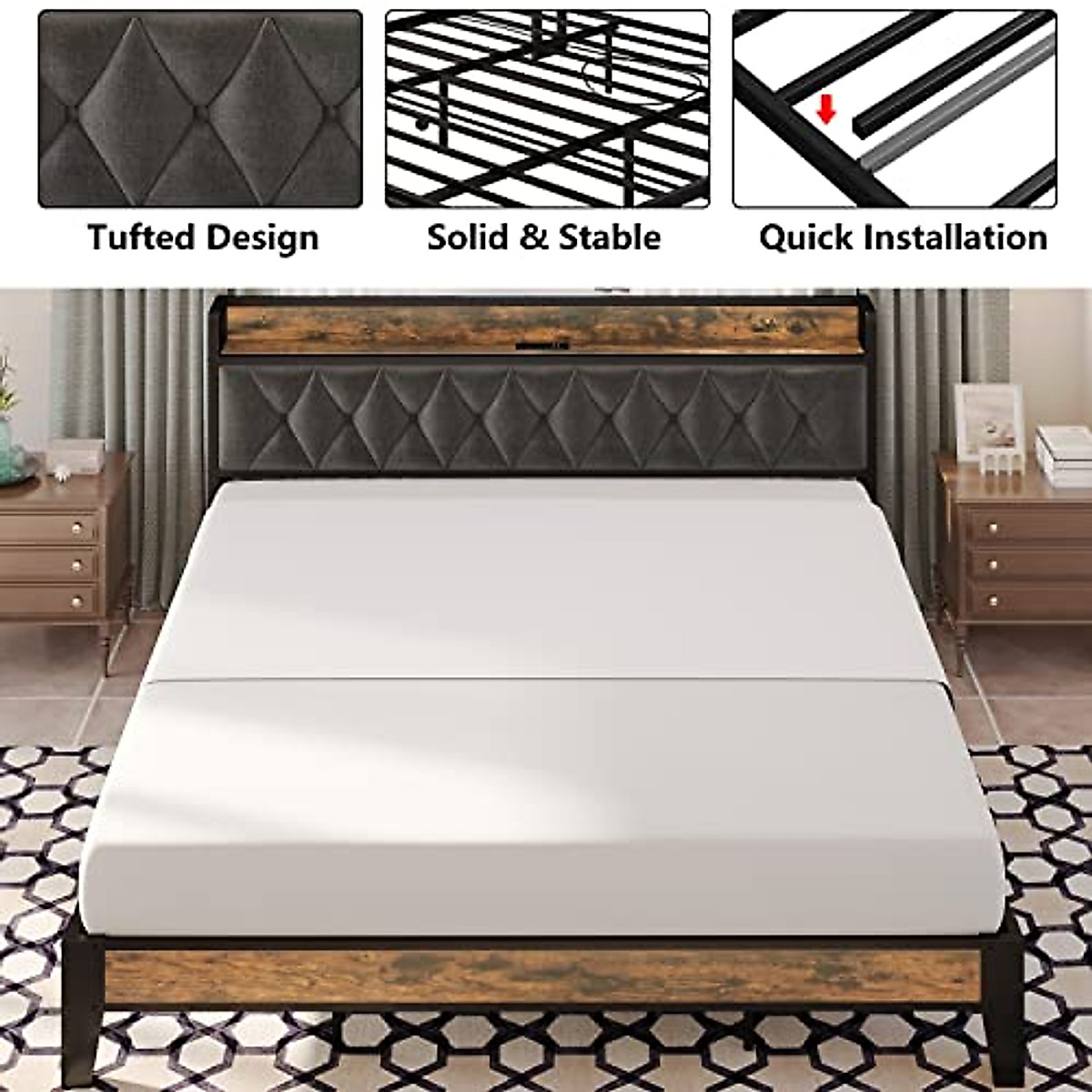 ANCTOR King Size Bed Frame, Storage Headboard with Outlets, Easy to Install, Sturdy and Stable, No Noise, No Box Springs Needed - Perfect for a Good Night's Sleep