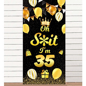 Oh S*it I’m 35 Happy 35th Birthday Banner Backdrop Crown Balloons Confetti Cheers to 35 Years Old Bday Theme Decorations Funny Birthday Decor for Women Men 35th Birthday Party Supplies Black and Gold