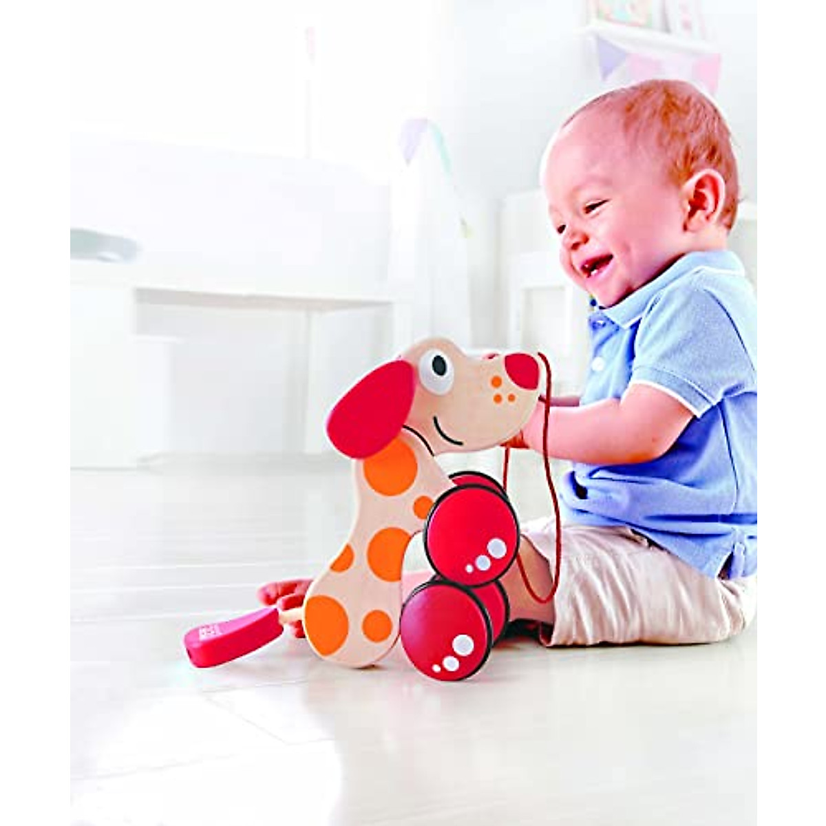 Walk-A-Long Puppy Wooden Pull Toy by Hape | Award Winning Push Pull Toy Puppy For Toddlers Can Sit, Stand and Roll. Rubber Rimmed Wheels for Easy Push and Pull Action, Red , Red/Orange