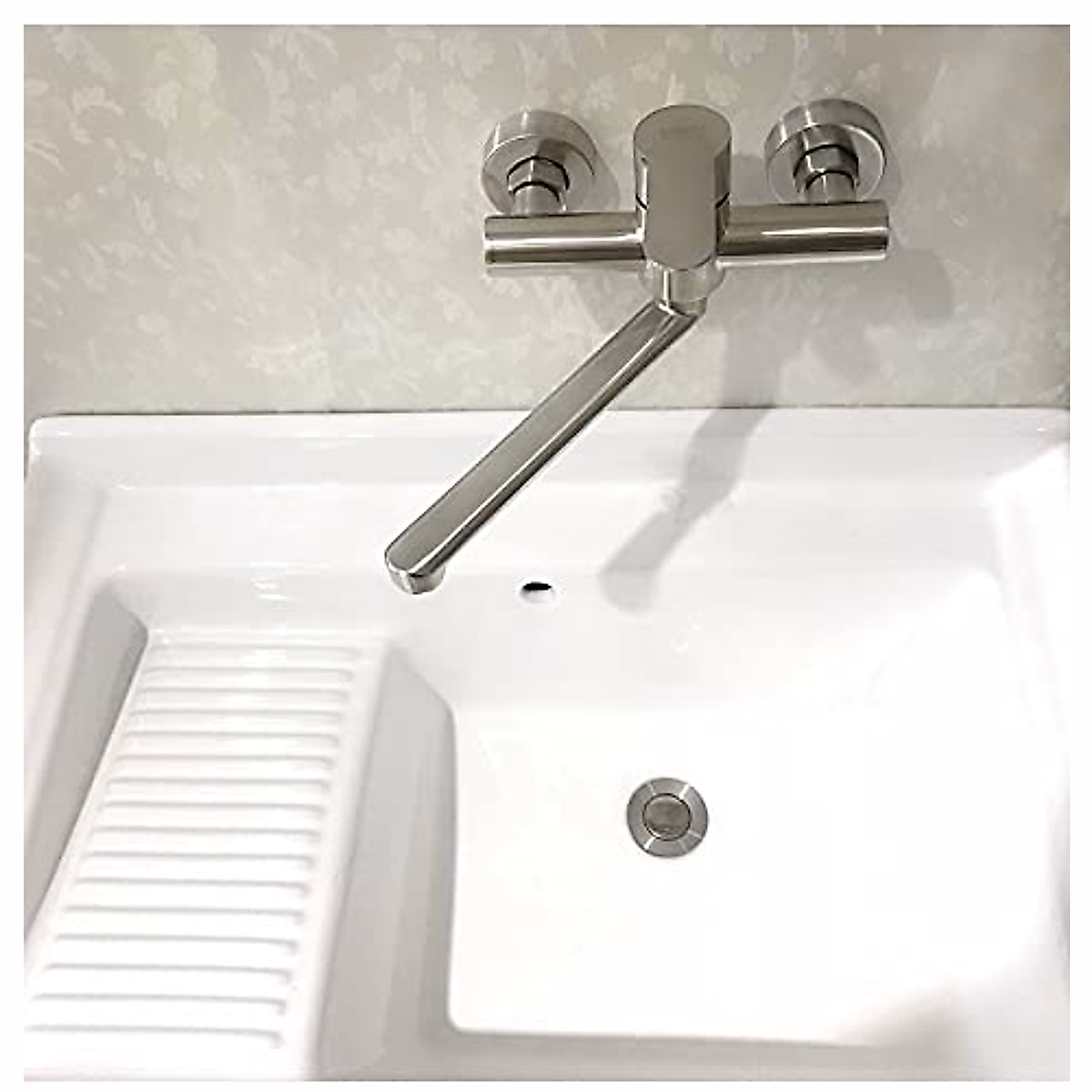 Kitchen Sink Faucet for Bar Farmhouse Commercial, Wall Mounted Hot Cold Kitchen Faucet, 2 Hole Stainless Steel Brushed Bath Tub Faucet with Long Pipe (Silver)
