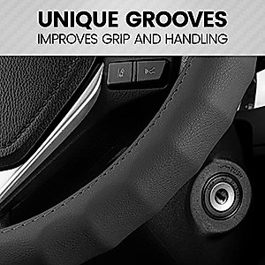 BDK Genuine Black Leather Steering Wheel Cover for Car, Large 15.5-16 inch – Ergonomic Comfort Grip for Men & Women, Car Steering Wheel Cover for Vehicles with Large Steering Wheels