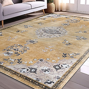 Beverly Rug Non Slip Rugs 8x10 Boho Medallion Floral Non Skid Rubber Backing Easy Silk Soft Area Rug for Living Room Easy to Clean Non Shedding Kitchen Bedroom Indoor Carpet (8 x 10 Yellow - Gray)