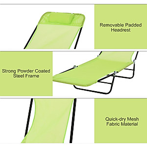 Outsunny Folding Chaise Lounge Chair, Pool Sun Tanning Chair, Outdoor Lounge Chair with Reclining Back, Breathable Mesh Seat, Headrest for Beach, Yard, Patio, Green