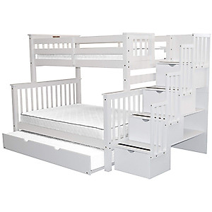 Bedz King Stairway Bunk Beds Twin over Full with 4 Drawers in the Steps and a Twin Trundle, White