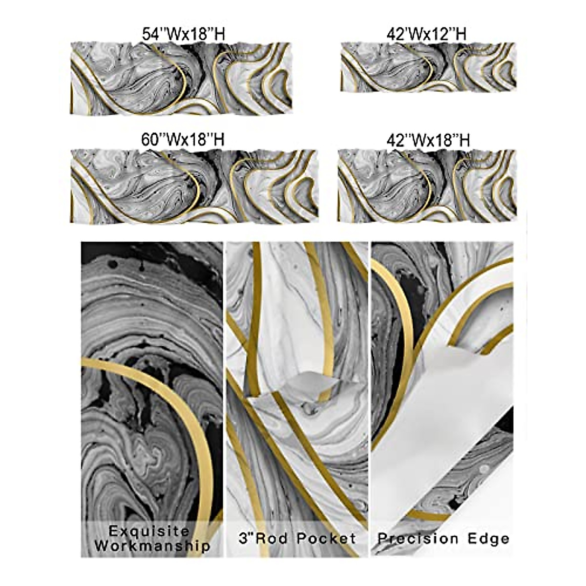 WARM TOUR Curtain Valance for Windows White Gray Abstract Marble Kitchen Valances Rod Pocket Short Curtains,Gold Foil Line Art Window Treatment Panel for Living Room Bathroom Bedroom 60x18in