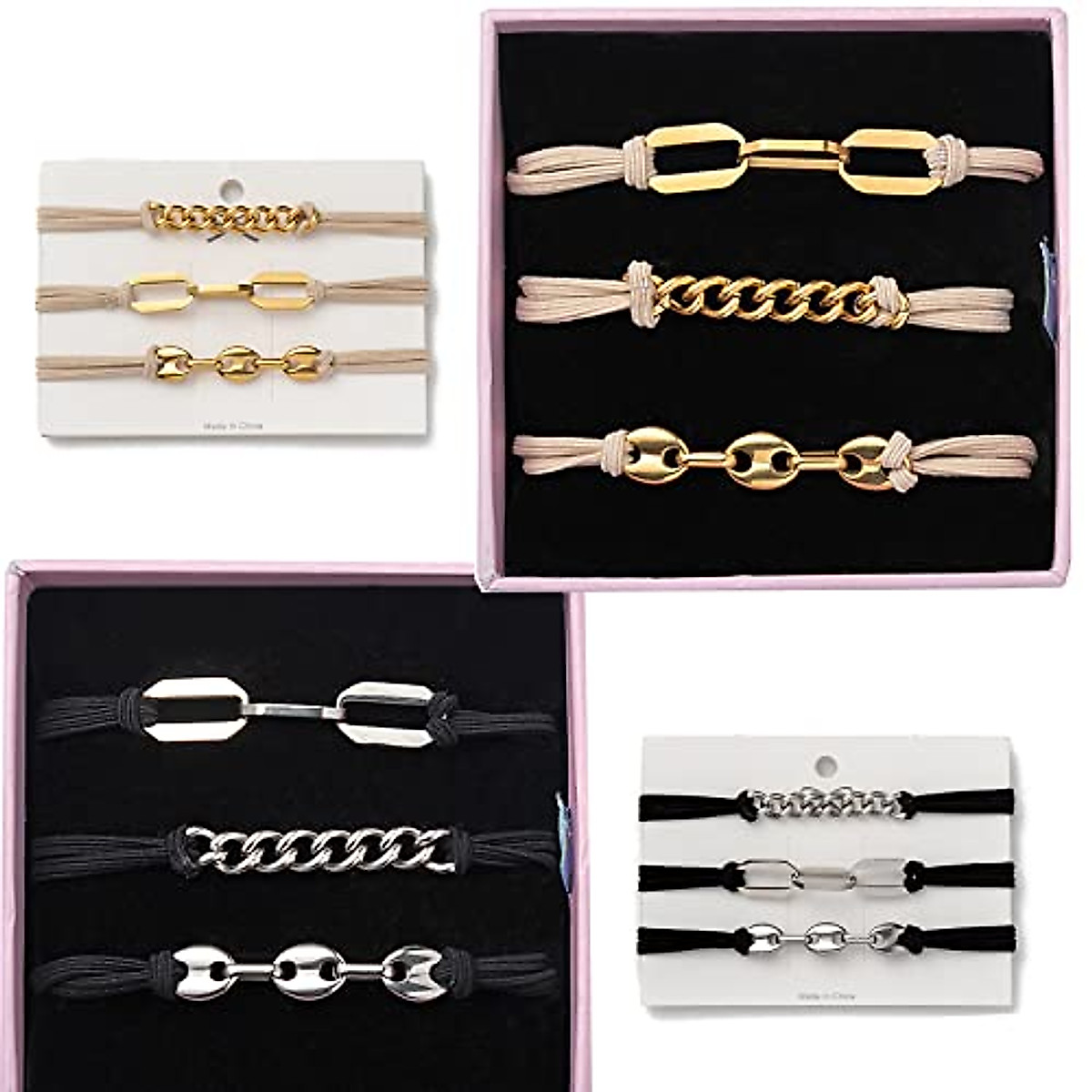 Bracelet Hair Ties With Gold Silvery and Beige Elastic,2 in 1 No Crease Hair Ponytails & Elastic,Looks Cute On Your Wrist And Great In Your Hair (3PCS, Black Silver new)