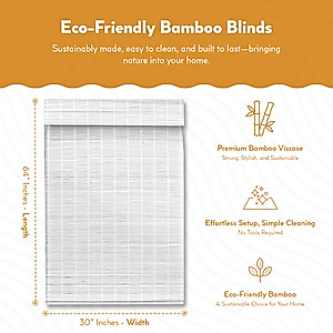 Radiance Cordless Bamboo Roman Shades for Windows - Matchstick Bamboo Blinds for Semi-Private Light Control - Easy to Lift & Fold Up Window Shades - White - 30" W x 64" L - (2215328E)