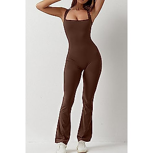QINSEN Jumpsuit for Women Wide Leg Full Length Leggings Sexy Sleeveless Tank Flare Playsuit Coffee S