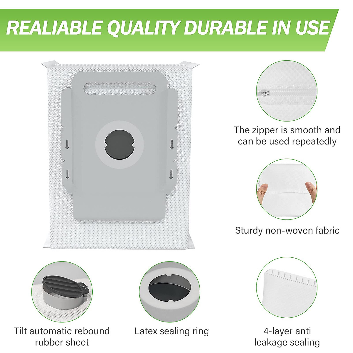 8 Pack Reusable Vaccum Bags for iRobot Roomba Bags i & s & j Series, i7, i7+, i7Plus, i3, i3+, i4, i4+, i6, i6+, i6Plus, j7, j7+, i8, i8+, s9, s9+, s9Plus Vacuum with Automatic Dirt Disposal Bags