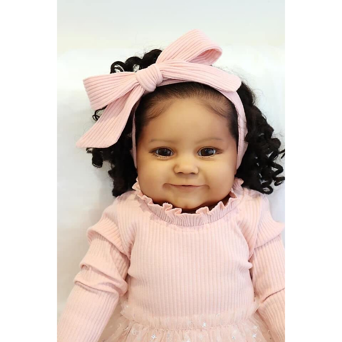 Anano Biracial Reborn Babies That Looks Real Girl Black with Real Hair with A Dress On 24 Inch African American Reborn Doll Brown Skin Silicone Baby Chubby Body Mixed Reborn Dolls