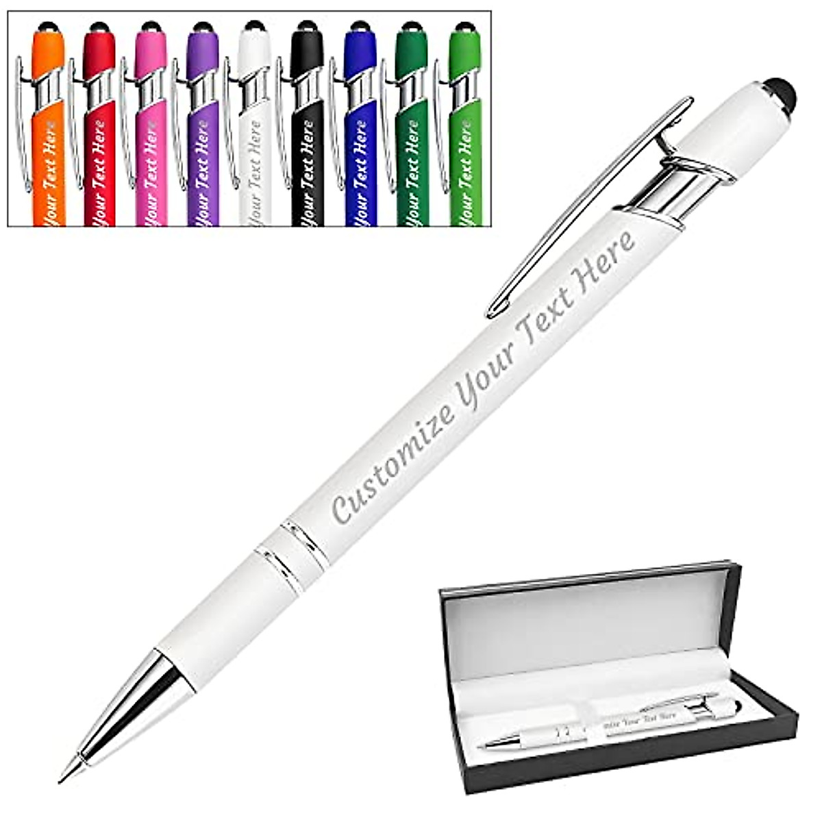 Custom Engraving Ballpoint Pens with Stylus, Personalized Pens with Your Name or Text, Ideal Anniversary, Birthday or Graduation Gift(White)