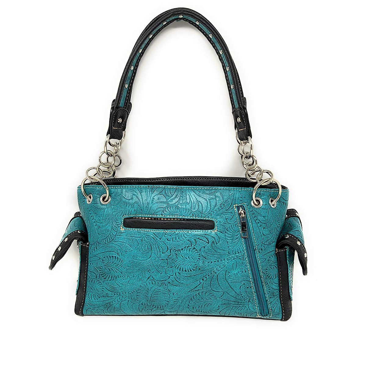 Western Tooled Leather/Laser Cut Bling Rhinestone Cross Wings Handbag Purse and Wallets in 5 Colors (Black Red Handbag)