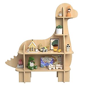 Dinosaur Kids Bookshelf, Wooden Kids Bookshelf and Toy Storage, Wood 4-Tier Montessori Bookshelf for Kids, Durable Bookcase, Eco-Safe Toddler Bookshelf, Toy Organizer for Kids Room, Playroom, Nursery