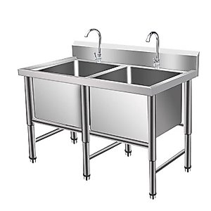 IOXGSGI Commercial 304 Stainless Steel Sink 2 Compartment Free Standing Utility Sink with Faucet Drain Basket Shelf, for Garage, Restaurant, Kitchen, Laundry Room, Outdoor