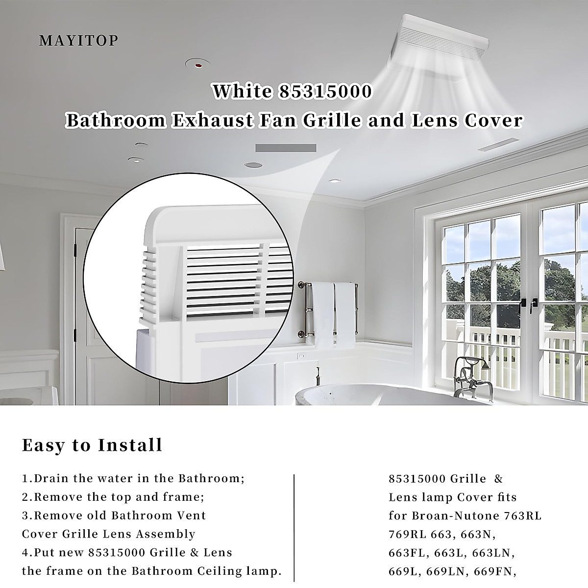 85315000 Vent Fan Cover Grille And Lens Replacement for Broan Nutone Bathroom Ventilation Plastic Cover，Bathroom Fan Exhaust Fits Broan Nutone 663，663N，663FL，663LN，669L，669LN，669FN，770F，763RLN，769RLN