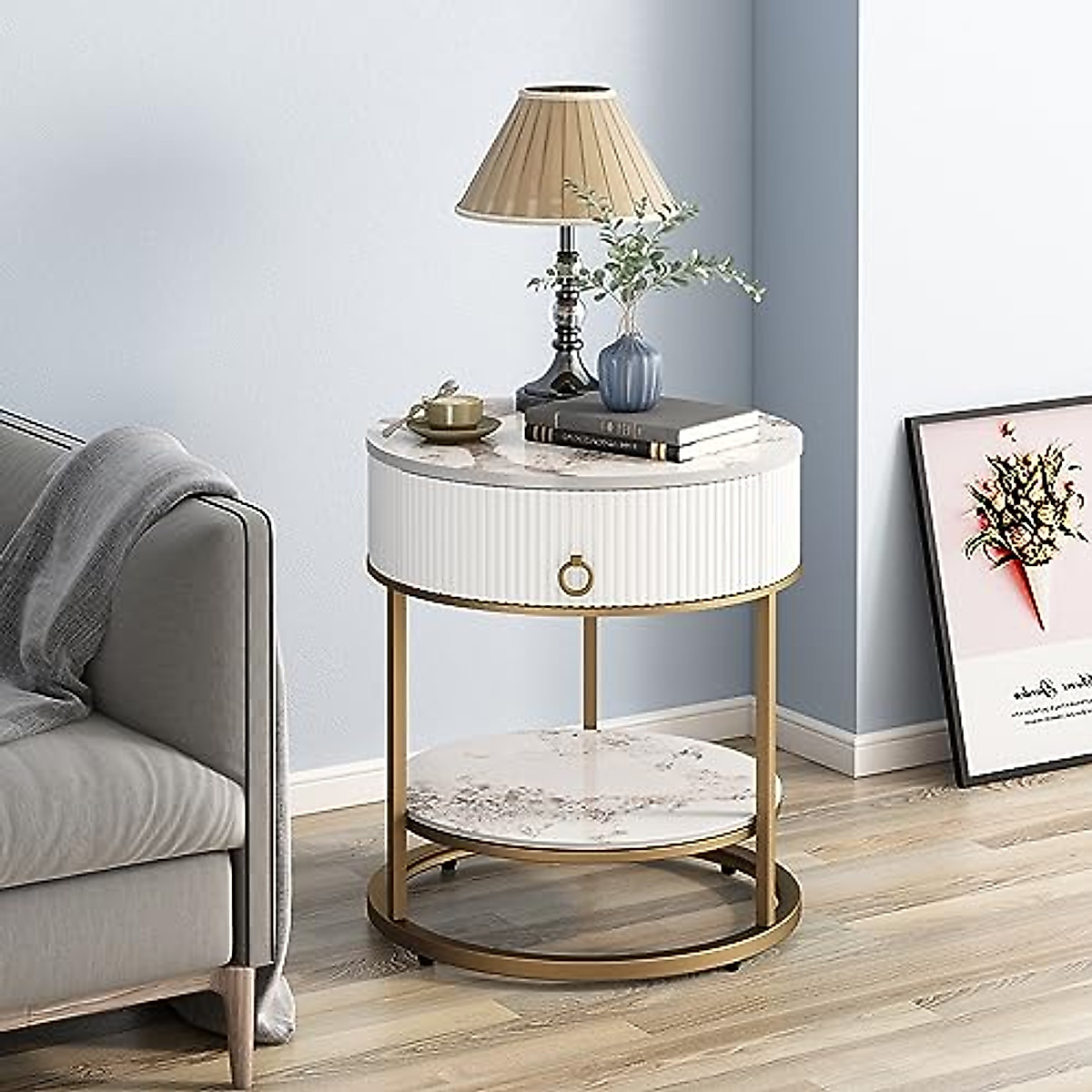 OIOG Round Side Table with Drawer, 2 Tier Night Stand with Shelf, Modern Side Table with Gold Legs for Living Room, Bedroom, Dorm, Marbling Natural Stone/Gold