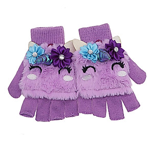 Little Girls Winter Unicorn Beanie Hat and Gloves Set Kids Knitted Earflap Cap Flip Top Mitten Set