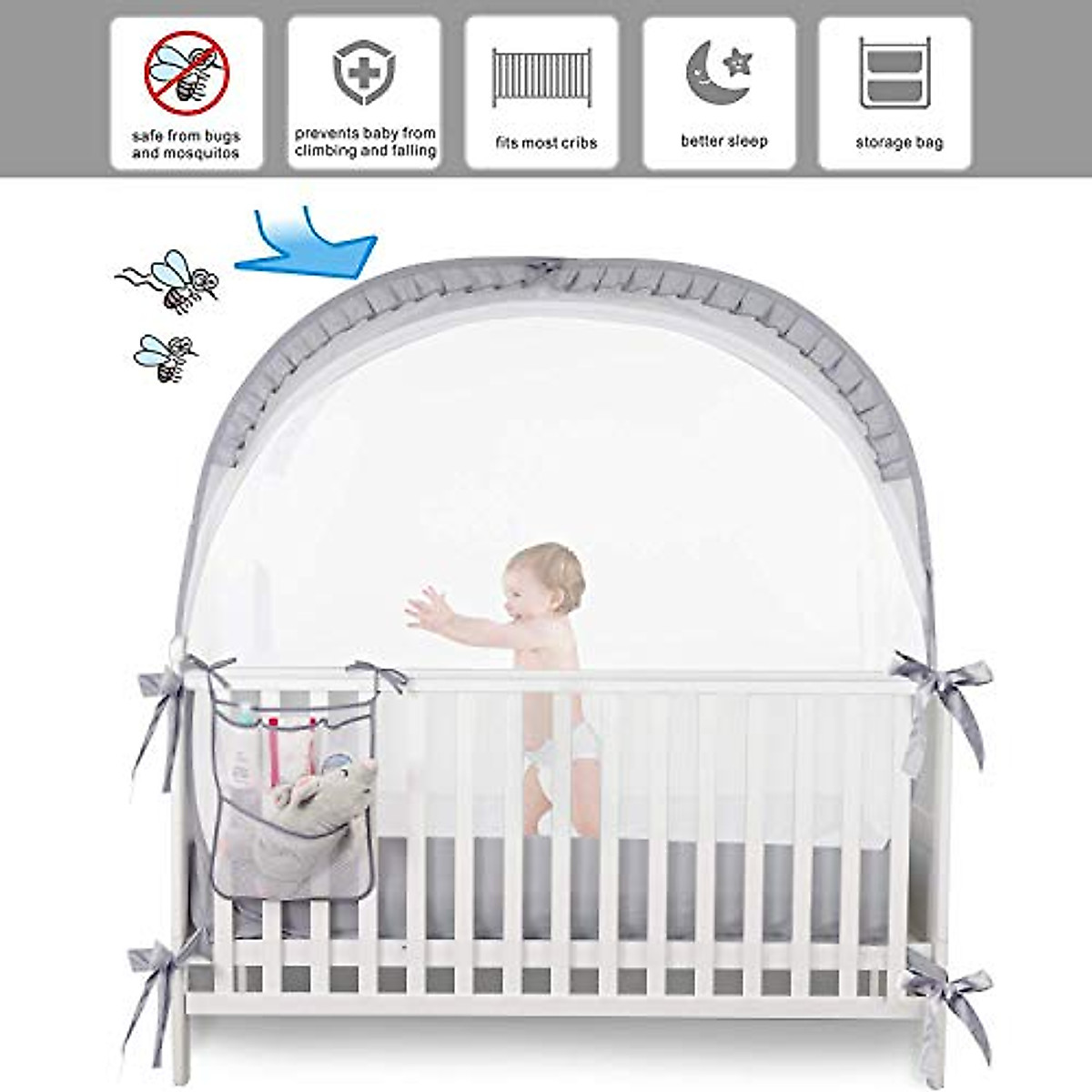 ZXPLO Baby Safety Crib Tent Infant Pop up Mosquito Net Nursery Bed Canopy Netting Cover - Keep Baby from Climbing Out with Hanging Diaper Storage Bag (Gray)
