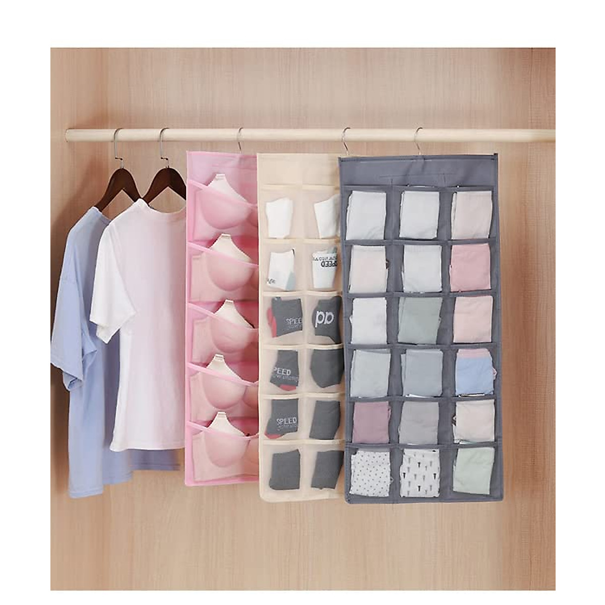 Hanging Bra Closet Organizer and Storage Pockets Wall Organizer 24 Pockets Enlarged Hanging Mesh Pockets Dual Sided Wall Closet Underwear,Bra,Socks,Accessories with Hanger (Grey)