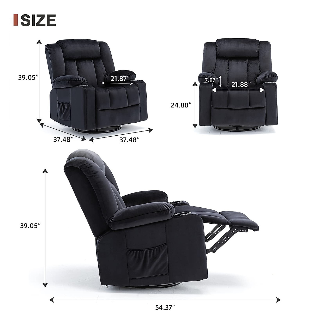 COMHOMA Recliner Chair Massage Rocker with Heated 360 Degree Swivel Lazy Boy Recliner Single Sofa Seat with Cup Holders for Living Room (Black)