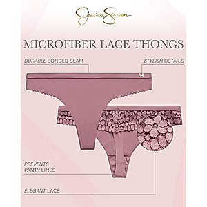 Jessica Simpson Women's Underwear - 3 Pack Microfiber Lace Thong Panties (S-XL), Size Small, Black/Grape Shake/Rose Smoke