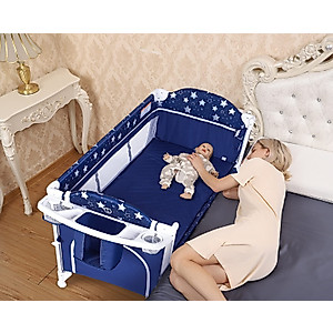 Heyo.Ja Baby Bassinet Bedside Crib, Portable Playard 4 in 1 Convertible Pack and Play with Mattress, Foldable Travel Crib for Girls Boys Infant Newborn (Navy)